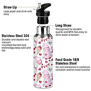 Cute Valentine Gnomes Insulated Water Bottle with Straw Lid Stainless Steel Vacuum Bottles with Handle for Hiking Camping 20 oz BAP-Free