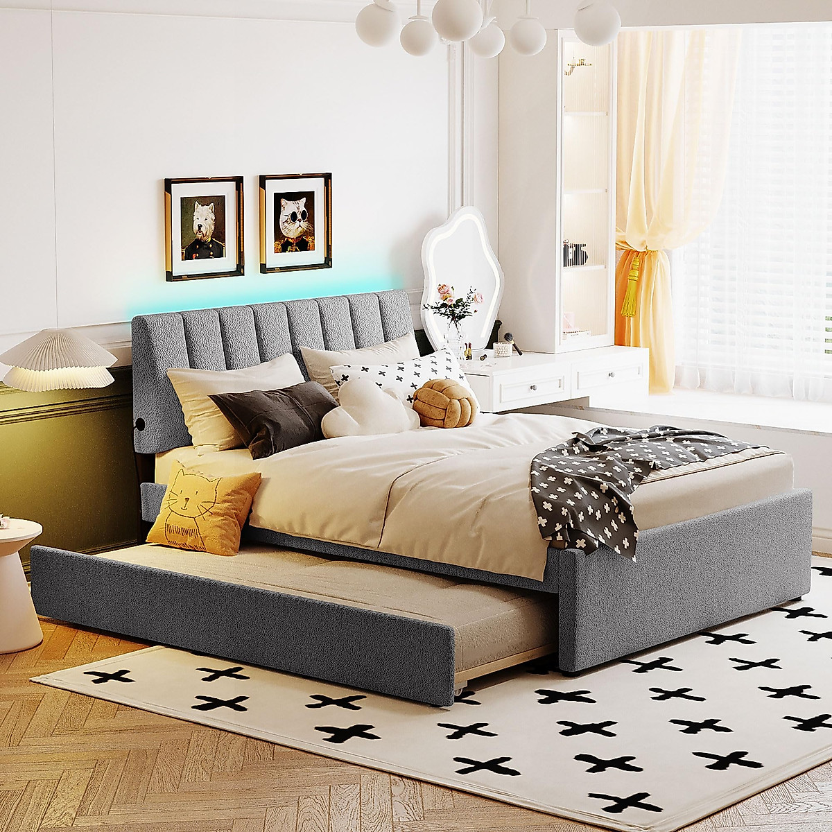 Favfurish Teddy Fleece Full Size Upholstered Platform Bed with Trundle & LED Lights, Wooden Bedframe,No Box Spring Needed, w/Wood Slat Support,for Bedroom,Guest Room, Gray