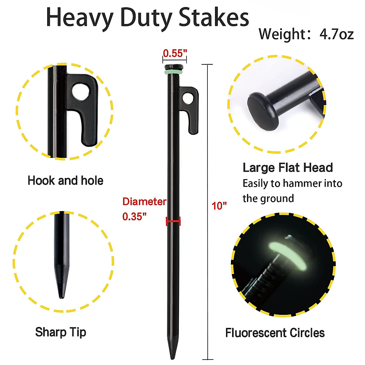 Tialero 8/12/16Pack Tent Stake with Hammer, 8/10/12/16in Heavy Duty Tent Stakes + 10in Tent Stakes Hammer+Storage Pouch, Forged Steel Tent Stakes Used on Rocks (12 Pack 10in Tent Stakes+Hammer)