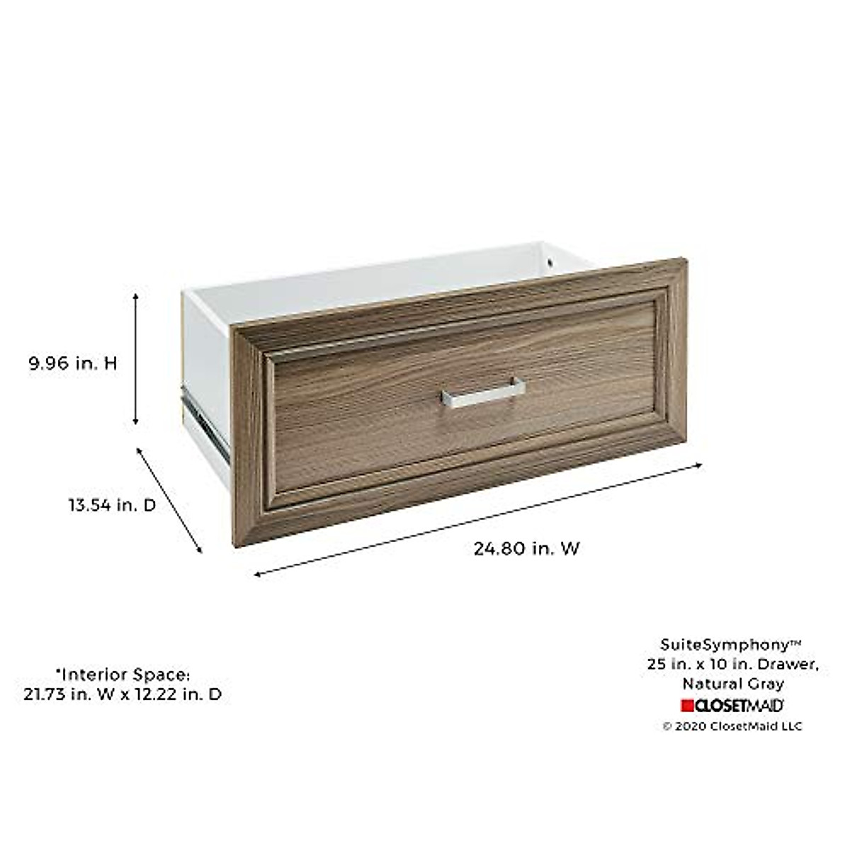 ClosetMaid SuiteSymphony Wood Drawer, Add On Accessory Shaker Style, for Storage, Closet, Clothes, x 10” Size for 25 in. Units, Natural Gray/Satin Nickel, 25" X 10"