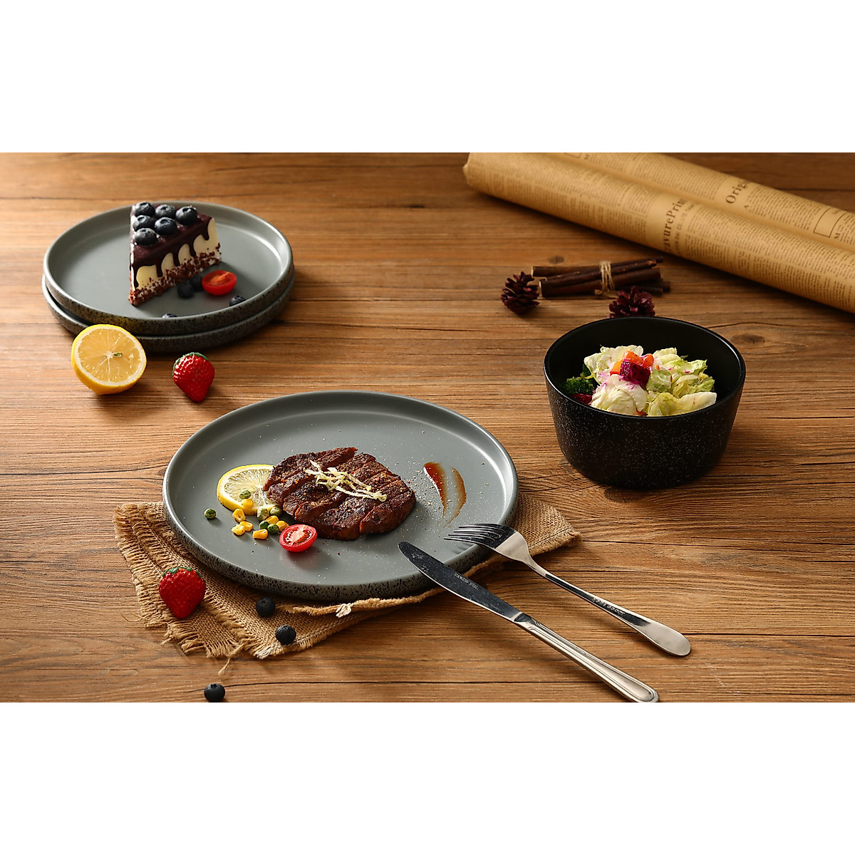 Bestone 16 Piece Round Kitchen Dinnerware Set,Plates and Bowls sets,Dishes, Plates, Bowls, Mugs, Dish Set，Plates and Bowls,Service for 4, Stoneware (round, grey matte)