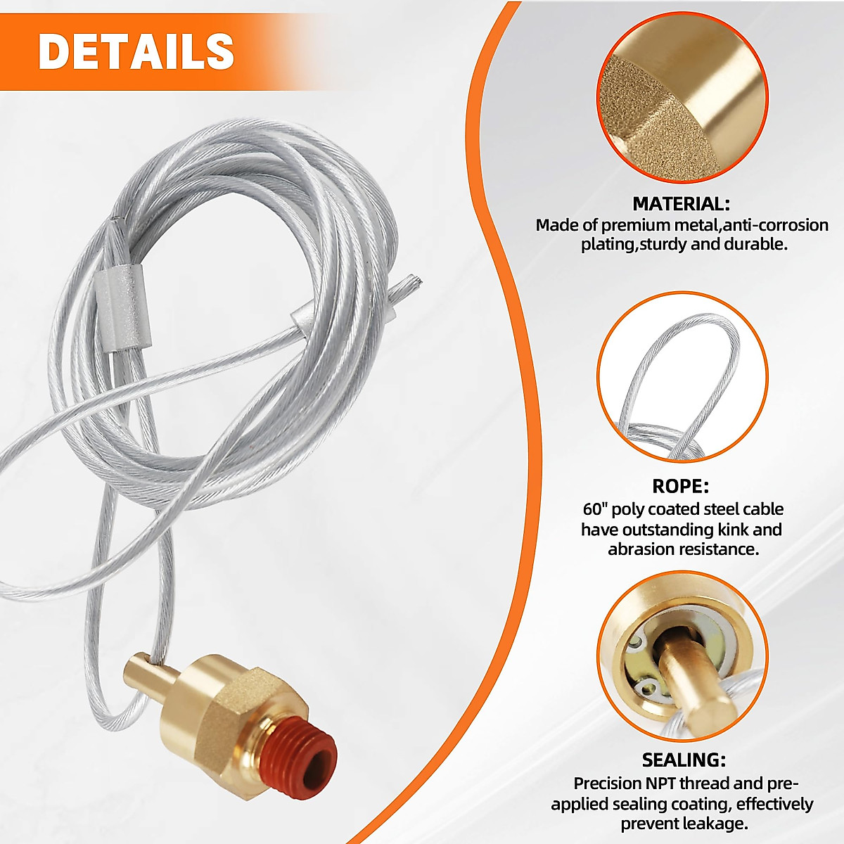 HASAOMOI 2PCS Air Tank Drain Valve Plug Fitting 1/4" NPT with 60" Cable Valve, Air Brake Reservoir Air Compressor Drain Valve For Semi Trucks