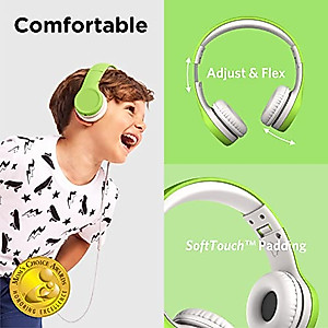 LilGadgets Connect+ Kids Headphones Wired with Microphone, Volume Limiting for Safe Listening, Adjustable Headband, Cushioned Earpads for Comfort, School Headphones for Kids, Green