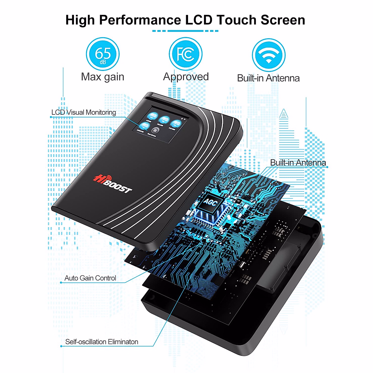 Cell Phone Signal Booster, 4G LTE 5G Cell Phone Booster with LCD Touch Screen Cover 4,500 Sq Ft for Home Office All U.S. Carriers Verizon, AT&T, T-Mobile 65dB High Gain Support All Band | FCC Approved