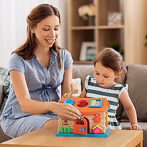 YUANLEBAO Hammering Pounding Toys Wooden House Educational Toy with Clock,Door Bell,Math,Music,Color Recognition.Birthday Gift for 3+ Years Boy Girl Baby Toddler Kids Developmental Montessori Toy