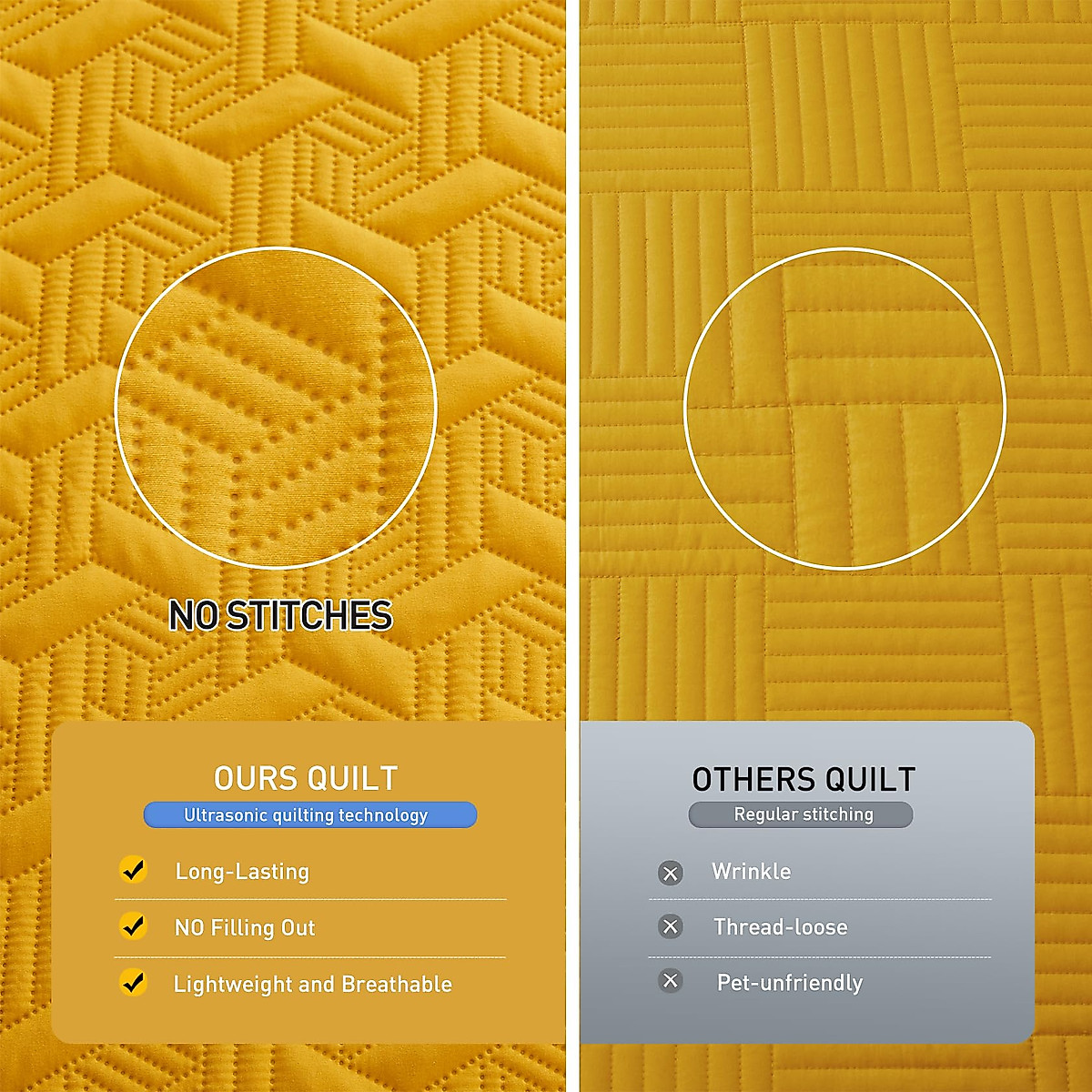 Lavsiry Mustard Yellow Quilt Full/Queen Size Bedding Set, Summer Thin Microfiber Quilted Bedspread & Coverlet, Soft Lightweight Comforter for All Seasons - 3 Piece(1 Quilt, 2 Pillow Shams)