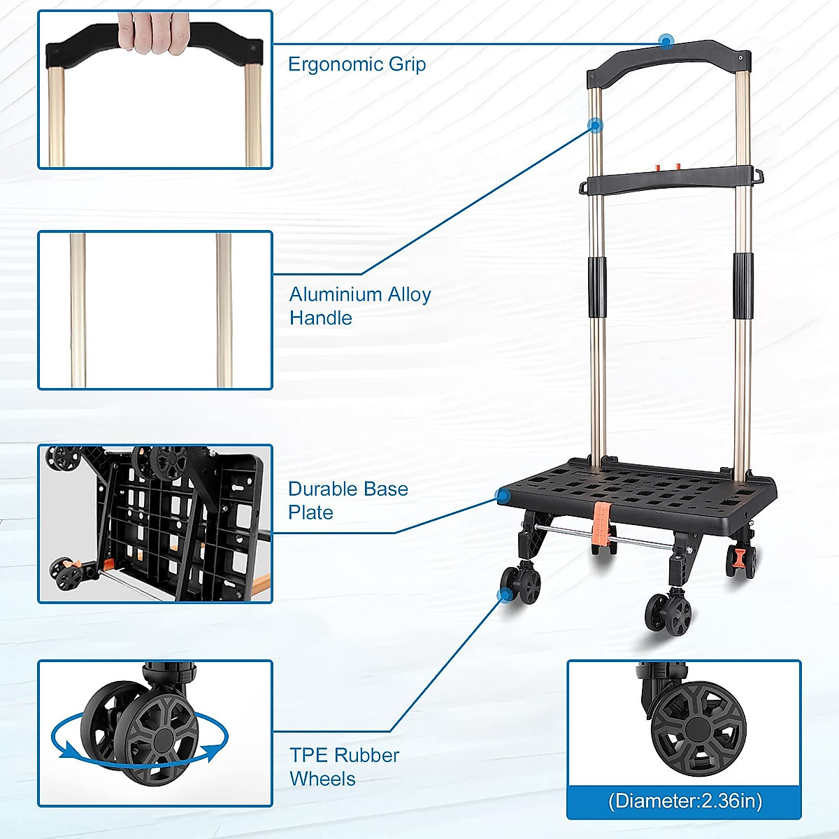 Folding Hand Truck Portable Dolly Utility Cart Rolling Crate with 4 Rotate Double Wheels 80KG/176Lbs Heavy Duty Adjustable Handle for Moving Shopping Grocery Travel Office Use(Black Swivel Wheel)