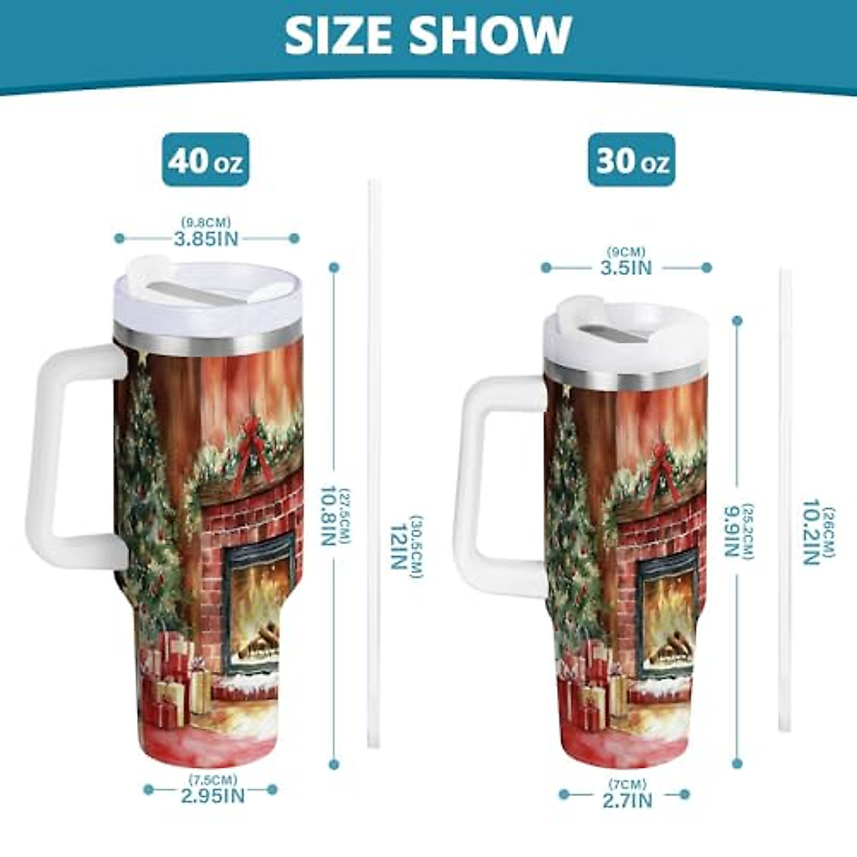 ODAWA Christmas Fireplace Red Water Tumbler 40 Oz Travel Cup with Lid and Straw