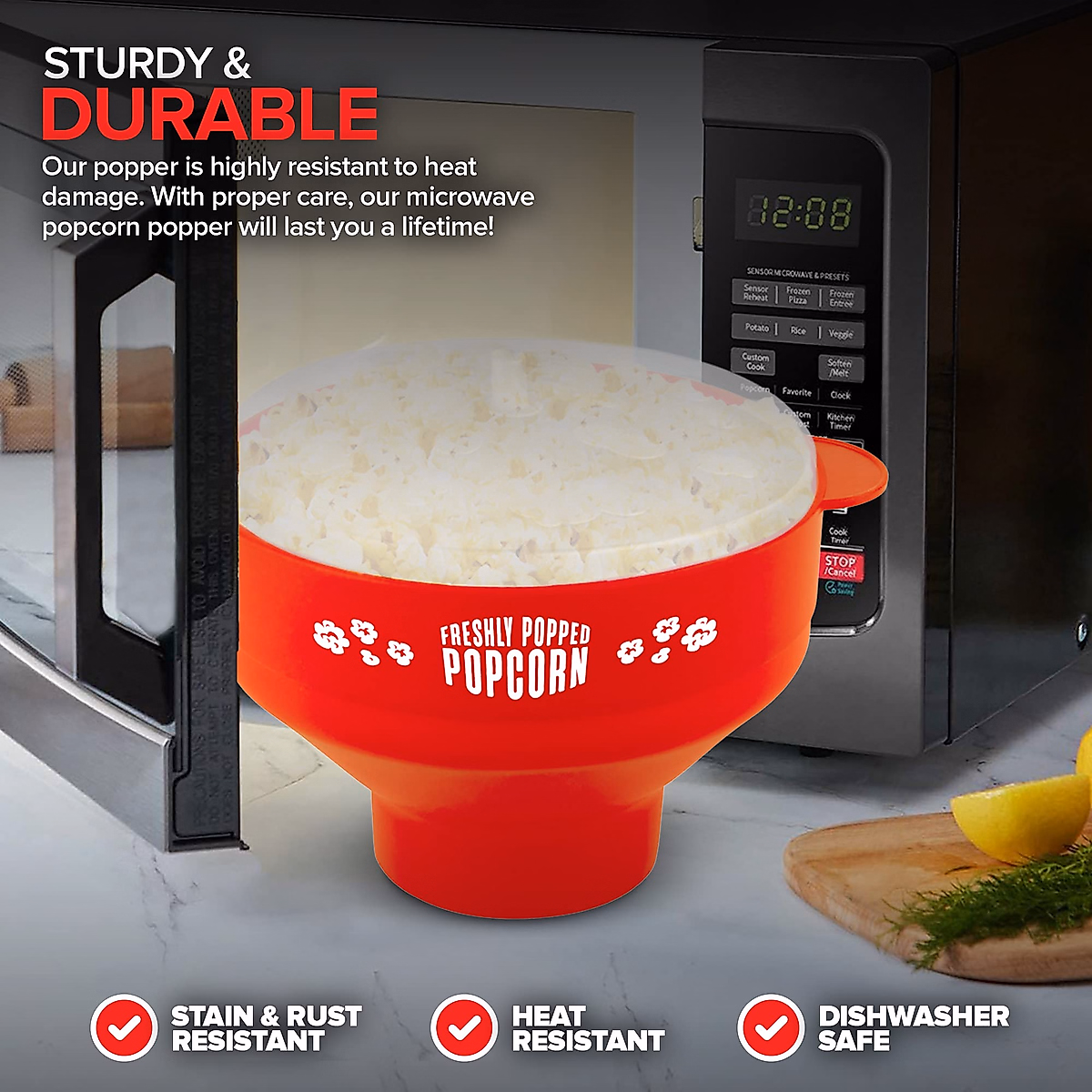 Silicone Microwave Popcorn Popper (Red) Air Popper Popcorn Maker No Oil Required, Collapsible Pop-Corn bowl with Lid, Reusable, BPA-Free, Dishwasher Safe