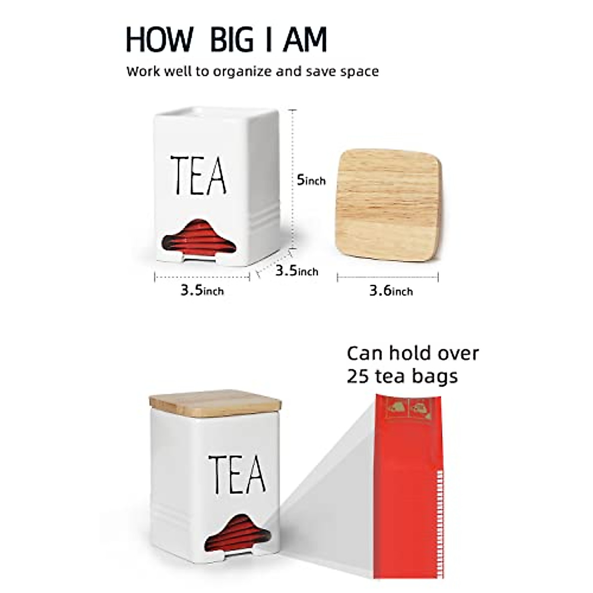 QUXIJA Ceramic Farmhouse Tea Bag Storage Organizer Caddy Holder with Lid (White)