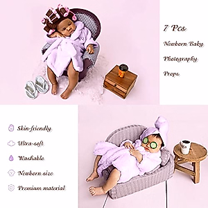 SPOKKI Newborn Photography Props Newborn Girl Photoshoot Outfits Crochet Baby Curler Hat with Makeup Brush for Infant Boys Girls (Purple)