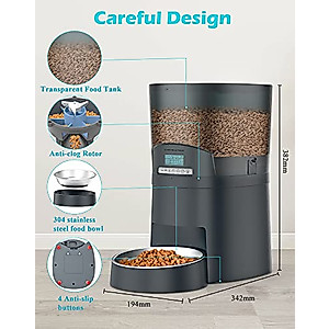 Automatic Cat Feeder, HoneyGuaridan 6.5L Pet Feeder for Cats and Dogs Dry Food Dispenser with Desiccant Bag, Stainless Steel Bowl, 6 Meals Portion Control, Dual Power Supply &10s Voice Recorder