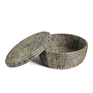 African Fair Trade Hand Woven Lidded Storage Basket, Black