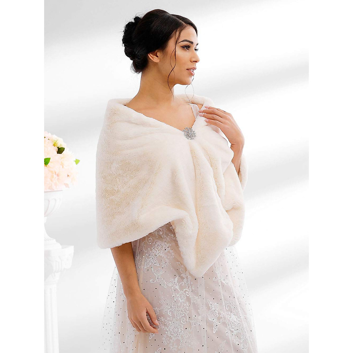 Jovono Women's Bride Wedding Faux Fur Shawl Wrap Bridal Fur Scarf Fur Wraps and Shawls for Women (Ivory)