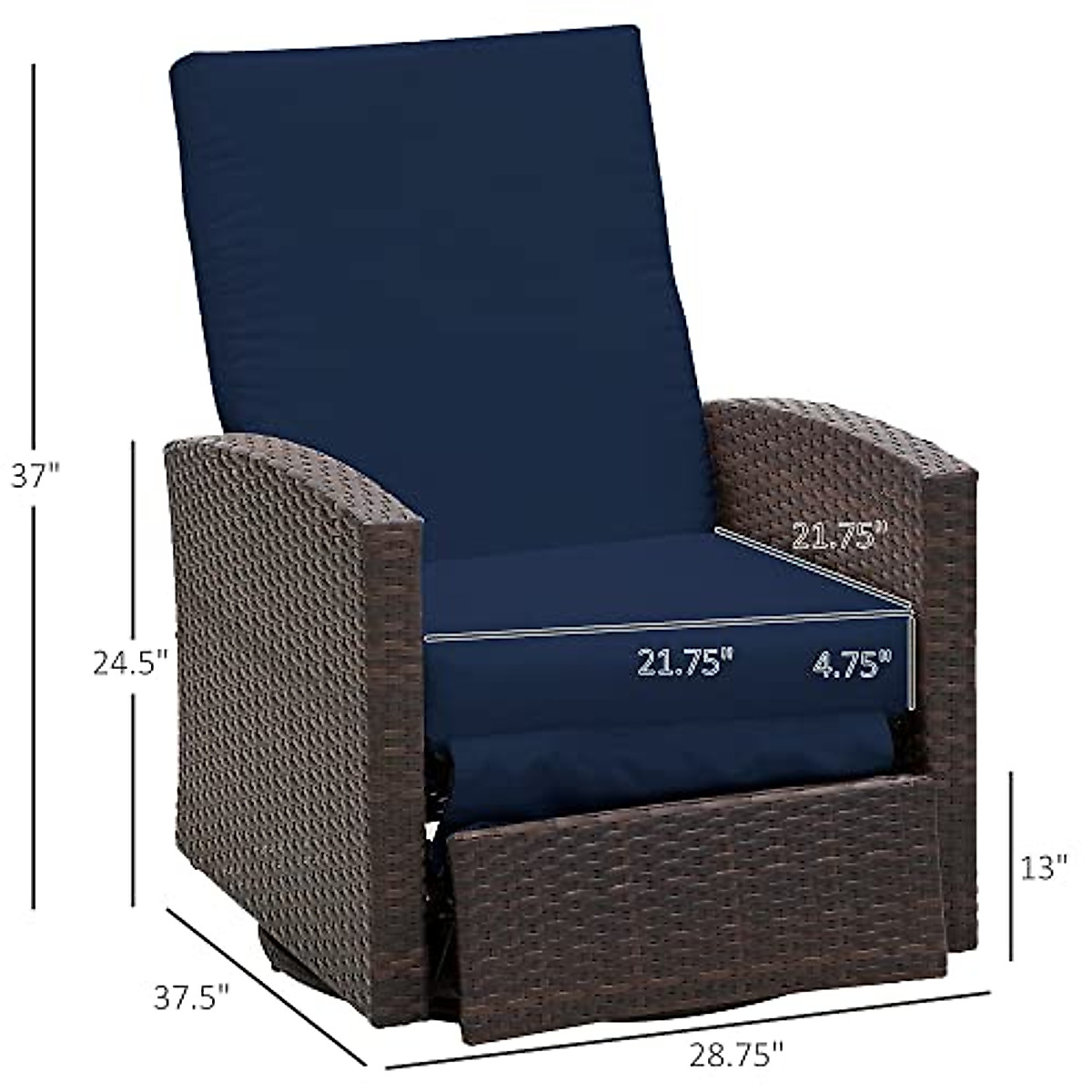 Outsunny Outdoor Wicker Swivel Recliner Chair, Reclining Backrest, Lifting Footrest, 360° Rotating Basic, Water Resistant Cushions for Patio, Dark Blue