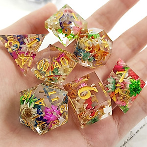 AHDKEJG DND Dice Set D&D Dungeons and Dragons RPG MTG D20 Polyhedral Pathfinder Role Playing D and D Table Games Accessories Resin Dice with Sharp Edges Gift Storage Bag- Flower