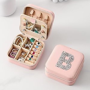 Parima Bridesmaid Proposal Gifts for Wedding Day - Jewelry Case Organizer Travel Jewelry Box Bridal Shower Gift Gift Bride to Be Maid Matron of Honor Bachelorette Gifts for Women - Letter B, Pink