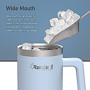 RANGLAND 40 oz Tumbler Cup with Handle and Carrier Bag, 24-Hour Insulated Water Bottle with Straw Lid, Neoprene Carrying Sleeve and Hand Strap (Feather Blue)