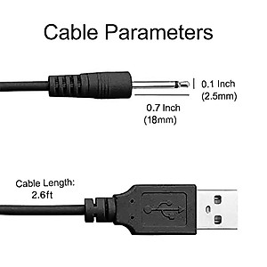 Replacement DC Charging Cable | USB Charger Cord - 2.5mm (Black 2 Pack) - Fast Charging