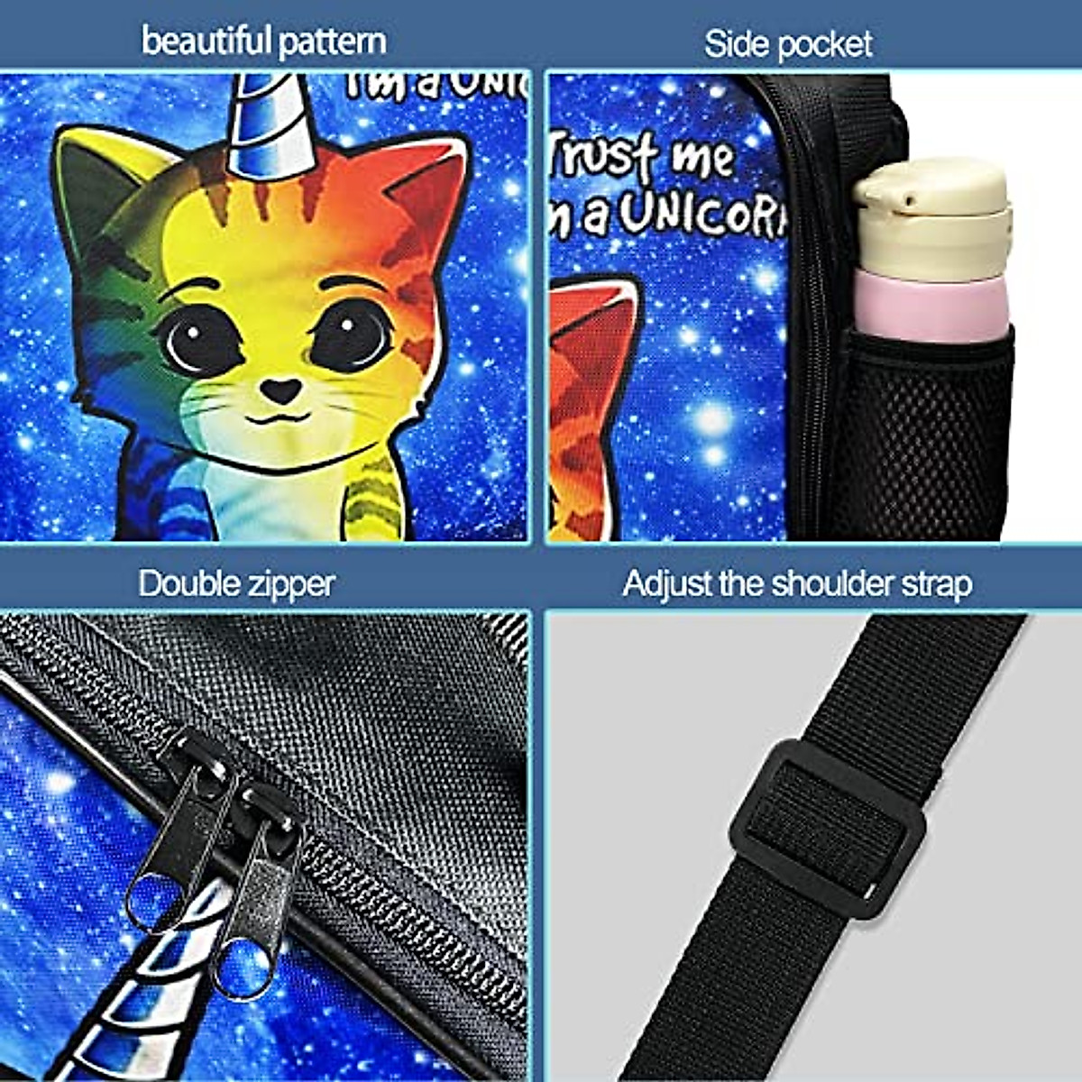 Insulated Lunch Bag for Kids, Boys Girls Lunch Box, Cute Cat Lunch Bag with Shoulder Strap, School Bento Lunch Box for Kids Toddlers Teens, Aesthetic Black Reusable Cooler Thermal Meal Tote Kit