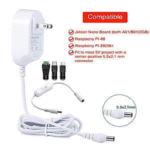 Makeronics AC 100V-240V Converter Adapter DC 5V 4A Power Supply US Plug 5.5mm x 2.1mm 4000mA Power Adapter for Jetson Nano (A02/B01/2GB)| Raspberry Pi 5 / 4B/3B+/3B with UL FCC Certificate