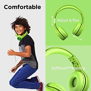 LilGadgets Connect+ Pro Kids Headphones with Mic and Cord, SharePort Technology, Over-Ear Foldable Headset, Volume Limit 93db, Wired Inline 3.5mm Jack for School- Green