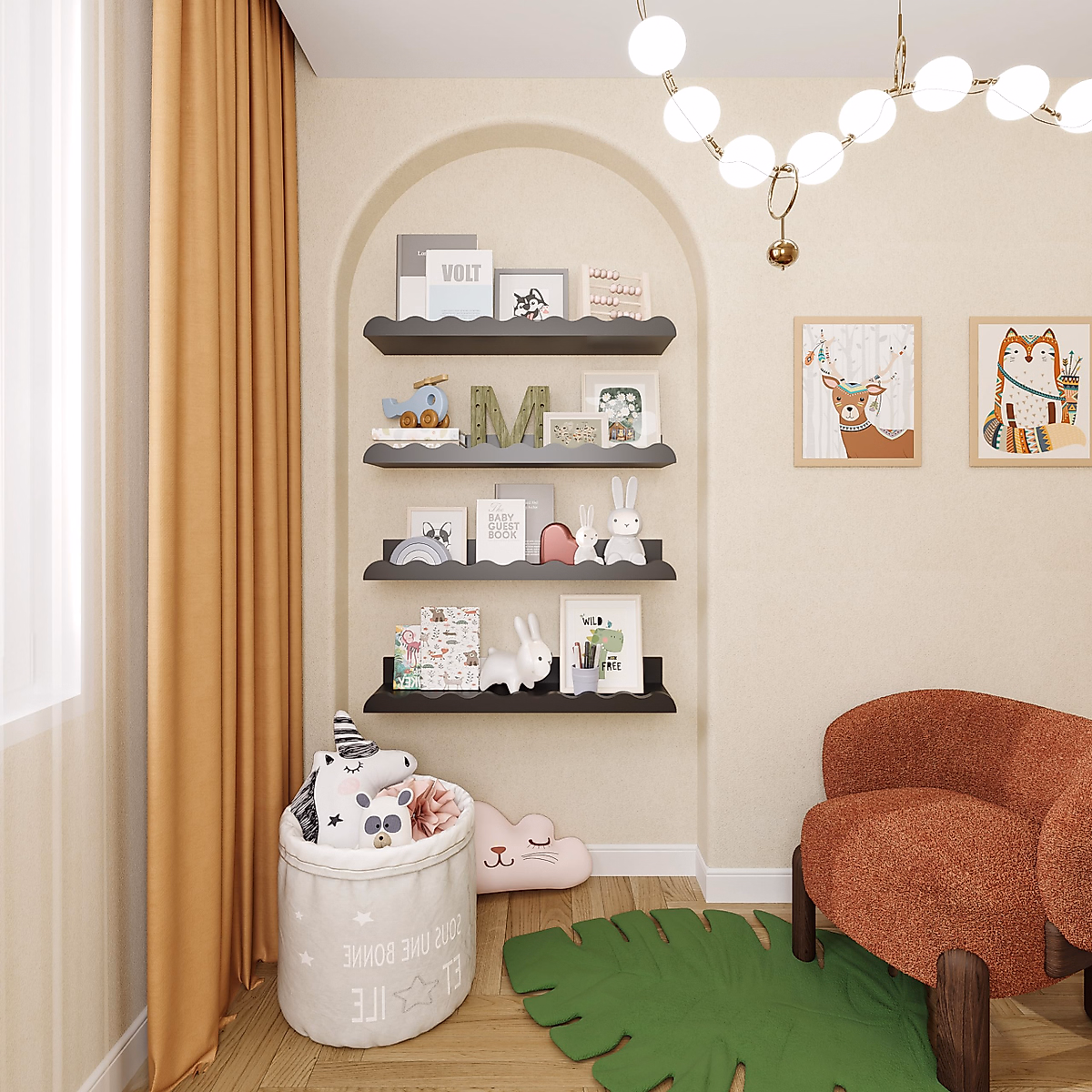 Kids' Bookshelf Set of 4 - Black Floating Nursery Book Shelves, Picture Ledge Shelf for Wall Decor and Storage - Perfect for Books, Toys, Photo Frames, and Nursery Décor