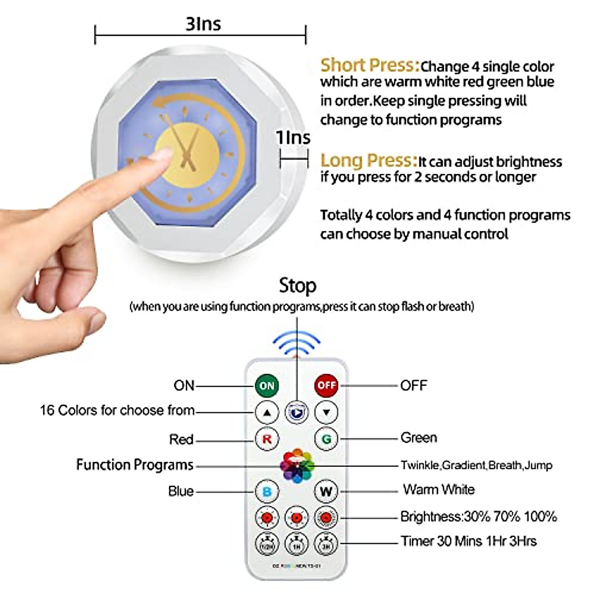 GANA Puck Lights with Remote Control, Under Cabinet Lighting LED Closet Lights - Battery Powered Operated Timer Function Wireless Color Changing Dimmable 16 Colors and 4 Modes Battery Lights (6 Pack)
