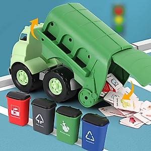 Liberty Imports Big Plastic Garbage Truck Toy, Waste Management Recycling Green Dump Vehicle with 4 Trash Cans and Recycle Sorting Cards for Little Kids, Toddlers