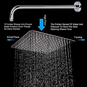Rain Shower Head With Extension Arm, NearMoon Square Shower Heads, Large Stainless Steel Rainfall Showerhead-Waterfall Full Body Coverage (12 Inch Shower Head With 15 Inch Shower Arm, Chrome)