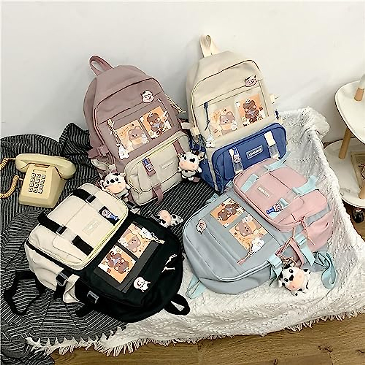 LELEBEAR Kawaii Backpack, Cute Bookbags With Kawaii Pin And Accessories (Black White)