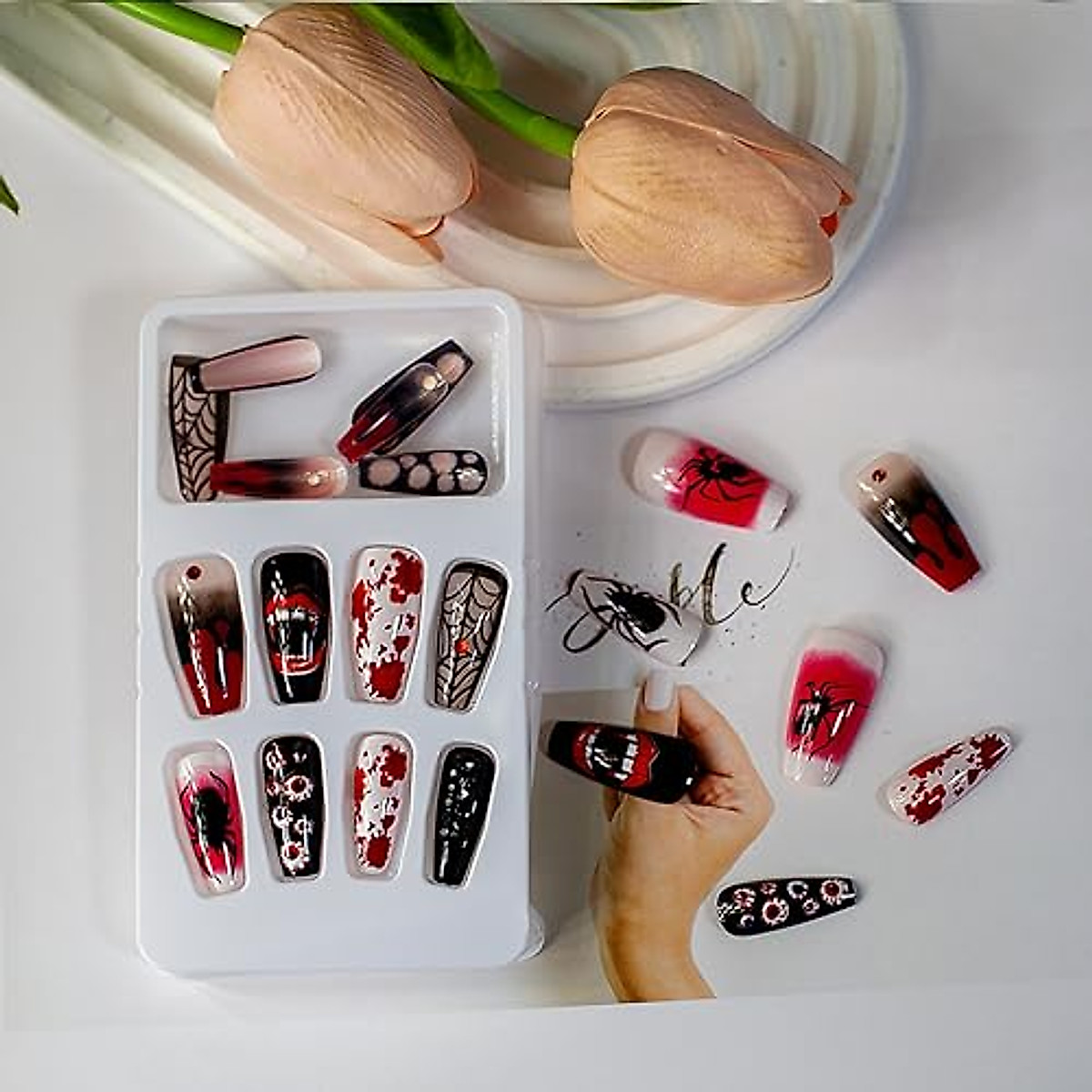 Halloween Long Press on Nails Coffin Fake Nails French Acrylic Nails with Rhinestone Spider Spiderweb Blood Drops Eyeballs Full Cover Horror Pattern Designs Artificial Nails Stick on Nails for Women and Girls 24 Pcs