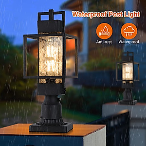 18" H Dusk to Dawn Outdoor Post Light Fixture Hardwired 120V, Waterproof Aluminum Pole Light with Pier Mount Base, Matte Black Exterior Lamp Post Lantern with Water Glass for Garden Yard Patio Path