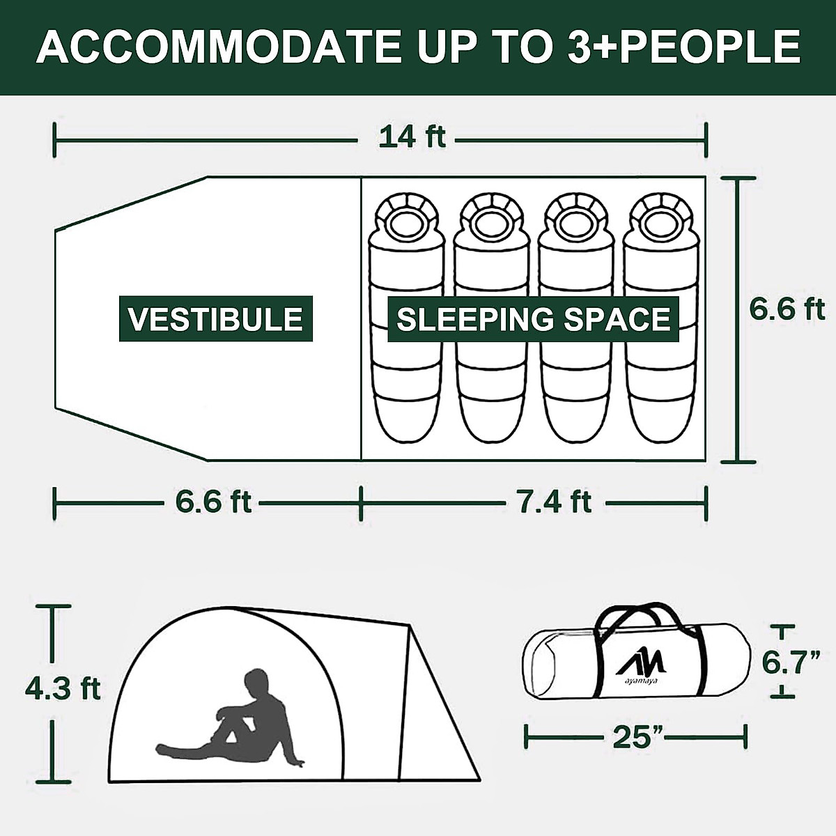 4 Person Tents for Camping, Ayamaya Tunnel Tent Camping with Vestibule 3-4 Person Waterproof, 2 Devided Rooms Bicycle Tent with Footprint for Bikepacking/Motorcycle Travel Hiking Mountaineering