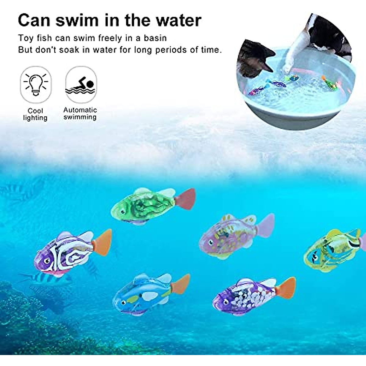 LAVIZO Interactive Robot Fish Toys for Cat/Dog(6 Pcs), Activated Swimming in Water with LED Light, Swimming Bath Plastic Fish Toy Gift to Stimulate Your Pet's Hunter Instincts