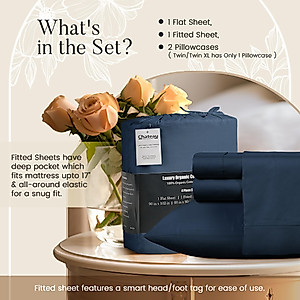 100% Organic Cotton Queen Sheet Set & Standard Pillowcases Set of 2 Combo- 300 Thread Count Long Staple Cotton Sheets,3 Pc Queen Size Sheets & Standard Pillowcases Sateen Sheets Breathable- Dark Denim