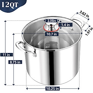 P&P CHEF 12 Quart Stainless Steel Stockpot with Glass Lid, Extra Large Stock Cooking Pot Cookware for Induction Gas Electric Stoves, Visible Lid & Measuring Markings, Heavy Duty & Dishwasher Safe