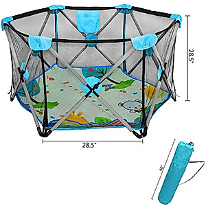 HTTMT- Hexagon Safety Playpen Portable Foldable Mesh Playard Infants Baby Toodler Animals Fence w/Travel Bag Nursery Furniture For Indoor Outdoor - Dark Blue