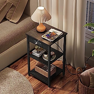 WLIVE End Table with Charging Station and USB Ports, 3-Tier Side Table with Adjustable Shelf, Side Table with Outlet for Small Spaces, Living Room, Bedroom, Black