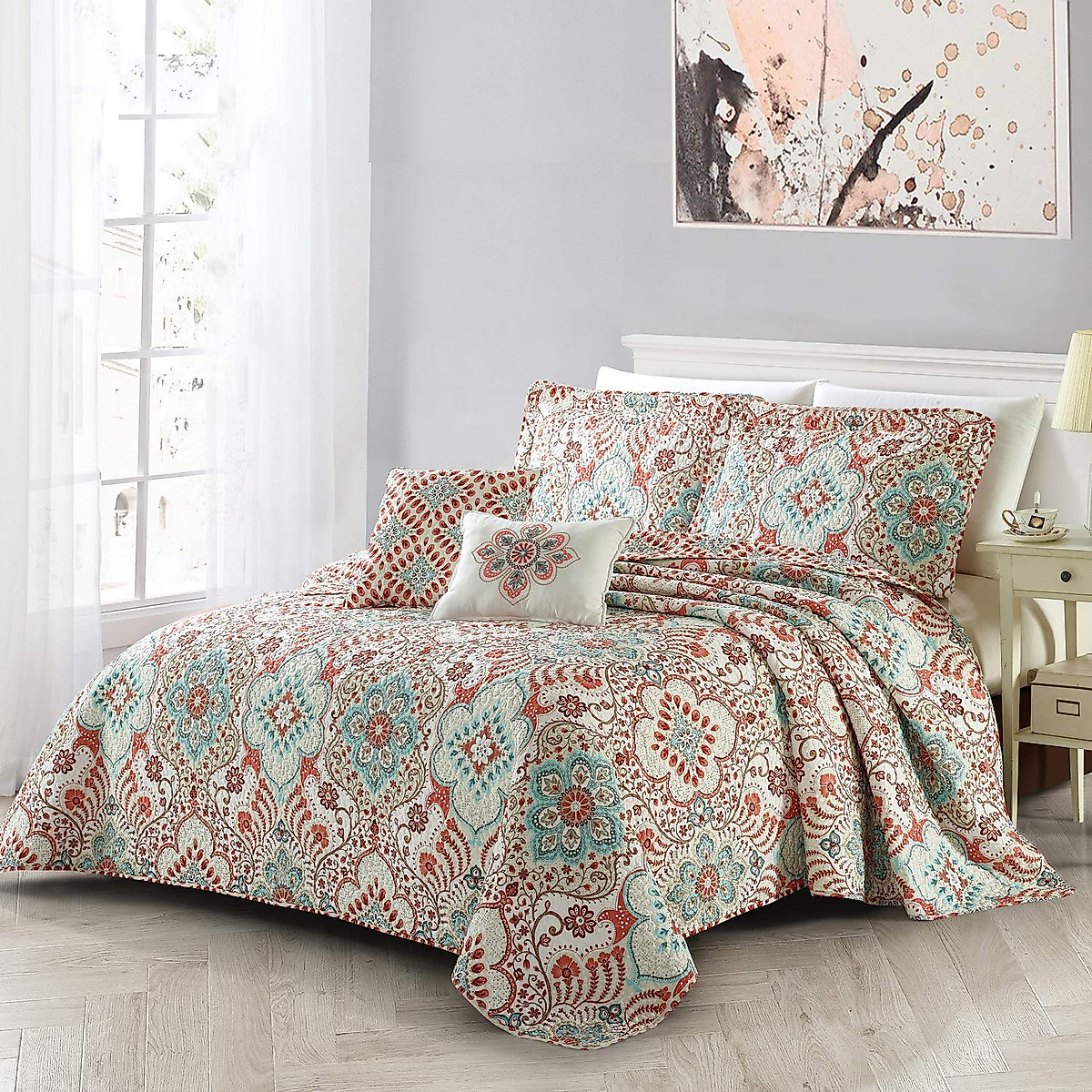 Home Soft Things Bennington Damask Printed Microfiber Quilt King 102" x 90" 5 Piece Bedding Set with Matching Shams Pillows, Coral Blue White Floral Design Reversible Bedspread Coverlet Comforter