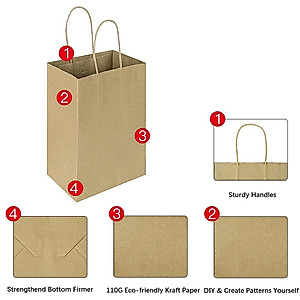 Oikss 100 Pack 5.25x3.25x8.25 Inch Small Plain Natural Paper Gift Bags with Handles Bulk, Kraft Bags for Birthday Party Favors Grocery Retail Shopping Business Goody Craft Bags Cub (Brown 100 Count)
