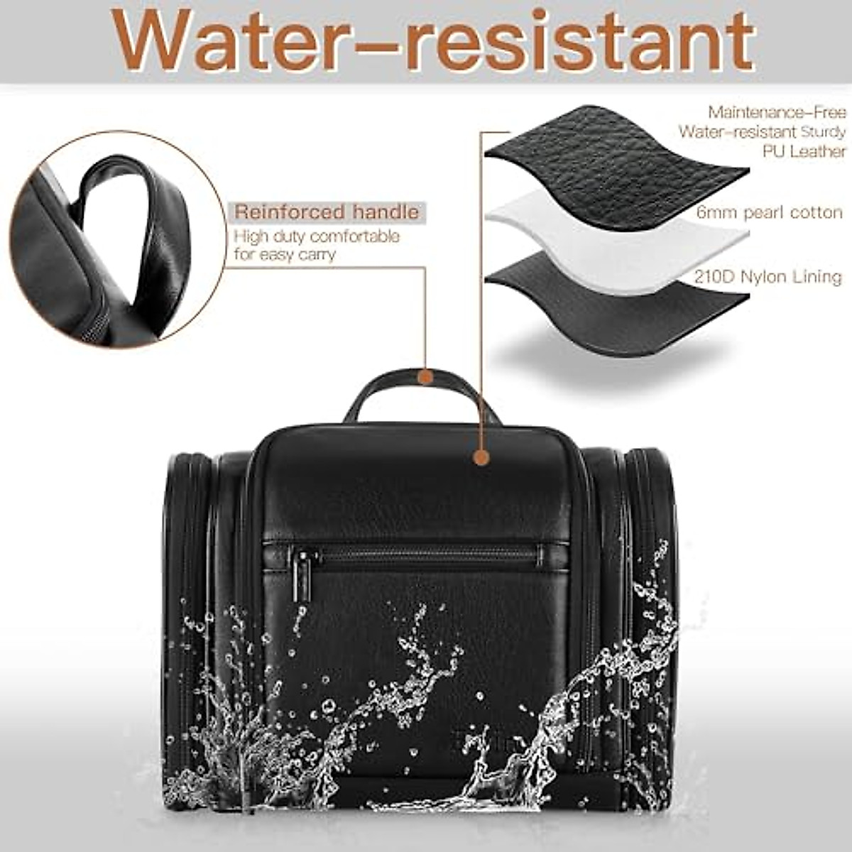 Elviros Travel Hanging Toiletry Bag for Women and Men, Large PU Leather Toiletries Organizer, Water-resistant Bathroom Shaving Kit for Cosmetics, Makeup Case (Extra Large, Black)