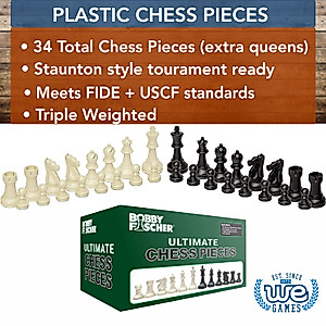 Bobby Fischer Ultimate Chess Pieces Set, Staunton Plastic Tournament Chess Set -Extra Queens, Triple Weighted
