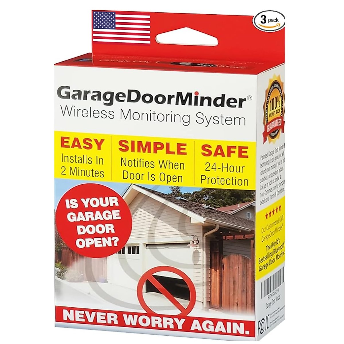 Garage Door Minder® Version II. 100% Wireless. Installs in Two Minutes! No Wi-Fi. in-Home Monitor & Alert System. Great for Seniors!