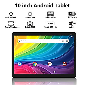Android Tablet, 10 inch Tablets, 2GB+32GB Computer Tablet Support 512GB Expand, 2MP + 8MP Camera, IPS Screen, WiFi, Bluetooth, 6000mAh, Google GMS Certified Tableta Black