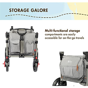 Busy Bee Foldable Wagon Stroller for 2 Kids, Push Pull Collapsible Kids Wagon with Adjustable Handle Bar, Removable Canopy, 5-Point Harness, Shock-Absorbing Wheels, Grey