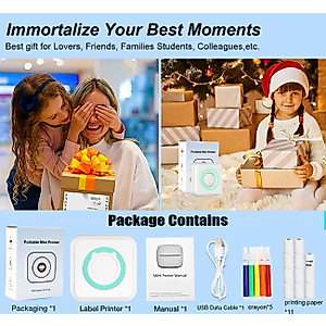 Portable Pocket Printer, Mini Bluetooth Thermal Mobile Printers with 10 Rolls Printing Paper and 5 Colored Pens Compatible with Android iOS, Inkless Printing Gift for Study Office Receipt Photo Notes