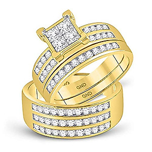 Solid 10k Yellow Gold His and Hers Princess Cut Diamond Cluster Matching Couple Three Rings Bridal Engagement Ring Wedding Bands Set 1.62 Ct. - (L = 6.5, M = 9)