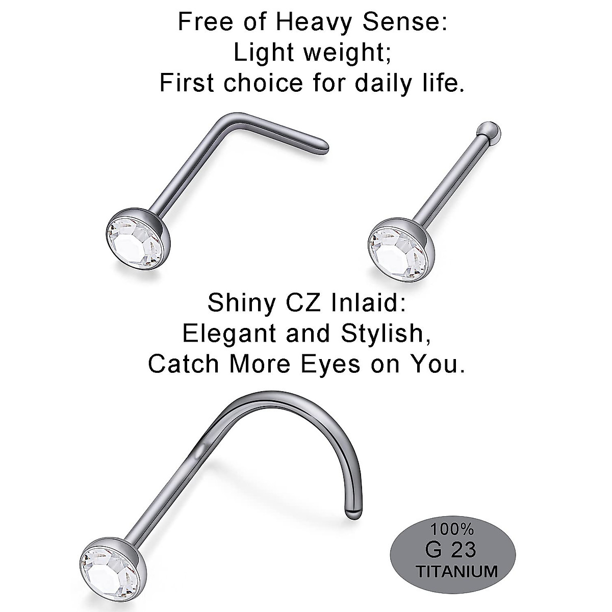 Vsnnsns G23 Titanium Nose Rings for Women 18G Bone L Shaped Nose Studs Screw Nose Rings CZ 2mm Titanium Nose Piercing Jewelry for Men 6Pcs