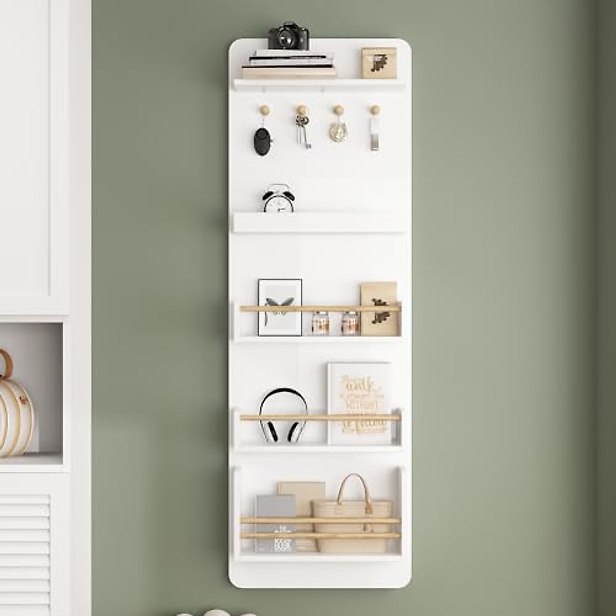 ECACAD 2 in 1 Full Length Mirror Wall Mounted with Shelves, Full Body Dressing Mirror, Versatile Coat Rack with Sliding Mirror for Entryway, Bedroom, White (15.7"-30.5" x 47.2")